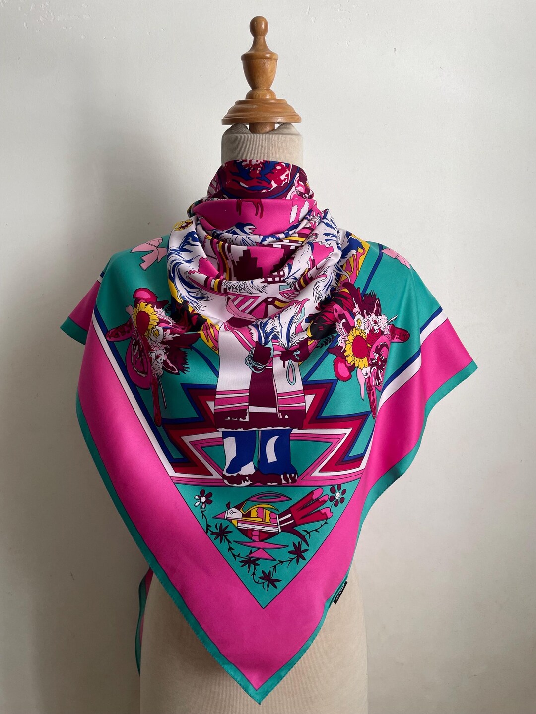 Vintage Large Silk Scarf in Pink Border Multicolor Kachina Doll Native ...