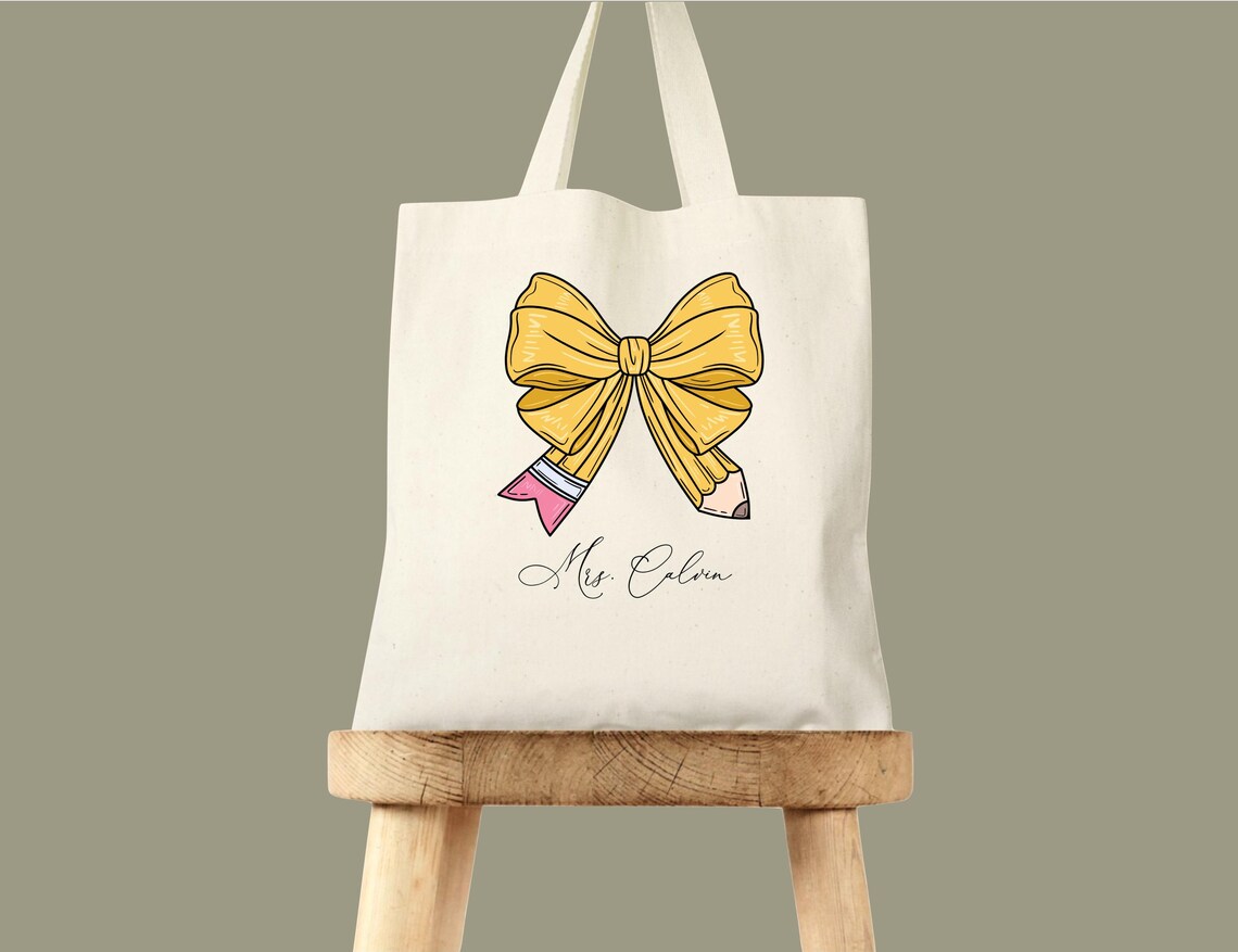 Personalized Teacher Tote Bag: Pencil Bow, Custom Name Gift - Etsy