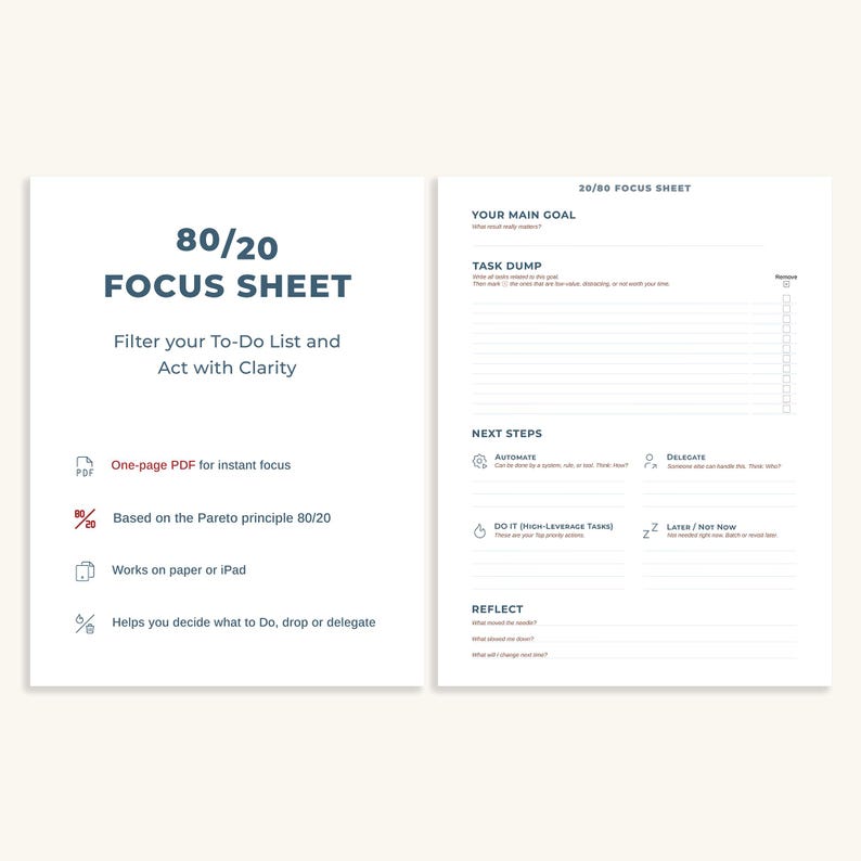 80/20 Focus Sheet – Printable Productivity Template PDF, Task ...