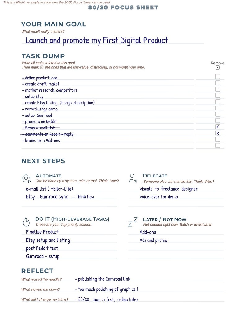 80/20 Focus Sheet – Printable Productivity Template PDF, Task ...