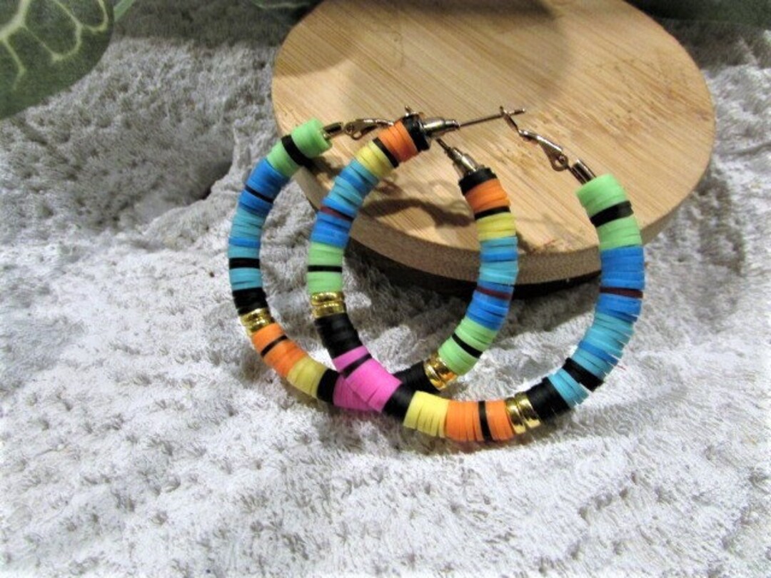 Heishi Hoops/rainbow Multi Beaded Hoops/ Multi Color Hoop Earrings/ 2 ...