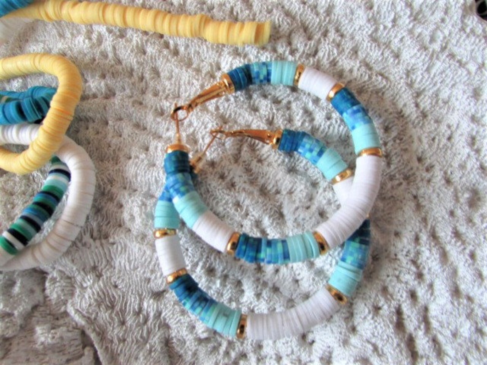 Heishi Hoops/ Teal Aqua Blue Beaded Hoops/ Striped Hoop Earrings/ 2 ...
