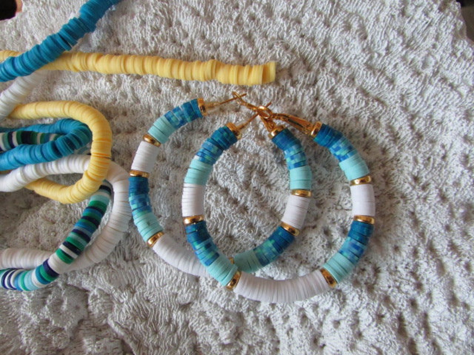 Heishi Hoops/ Teal Aqua Blue Beaded Hoops/ Striped Hoop Earrings/ 2 ...