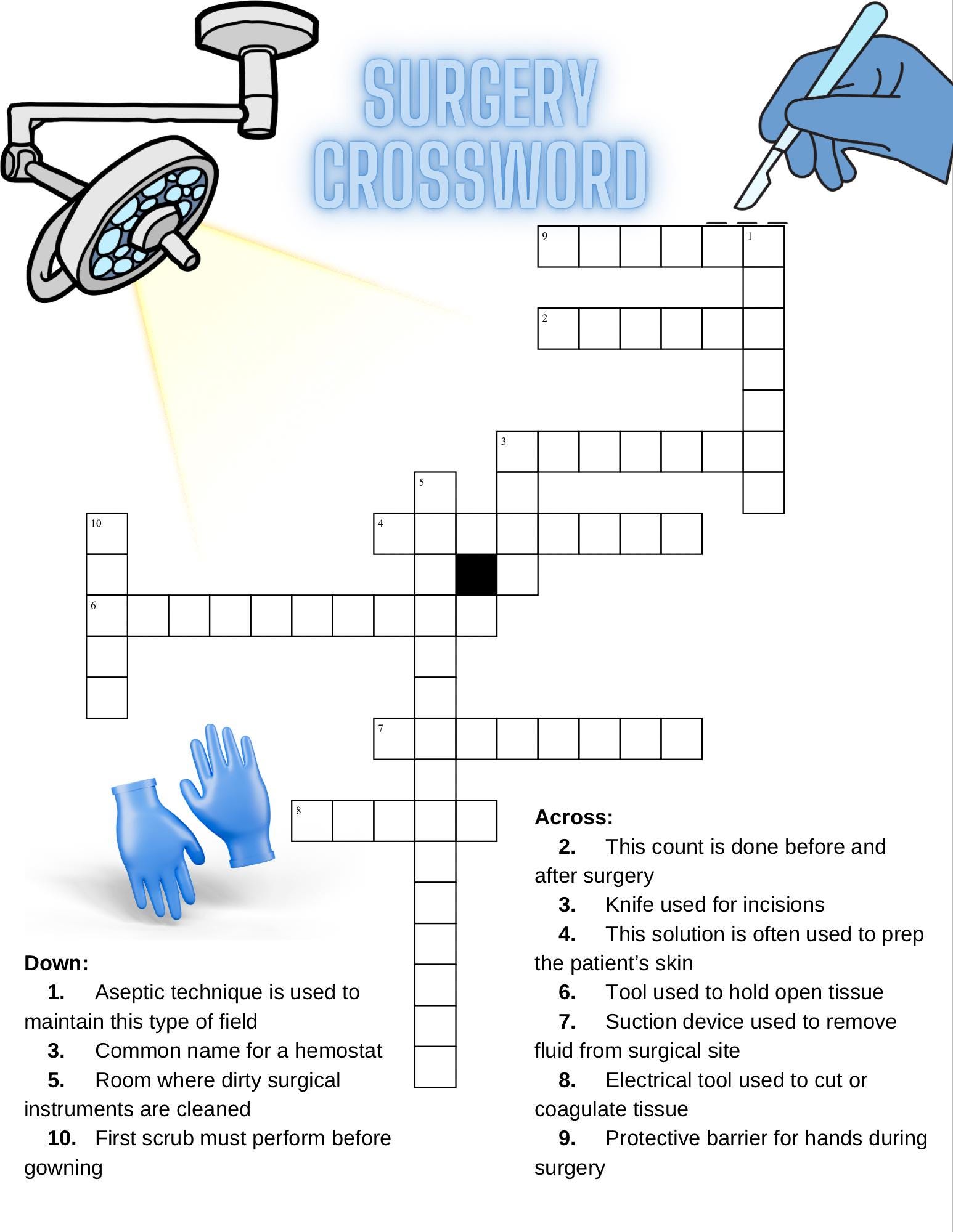 Surgical Themed Crossword Puzzle | Printable OR Scrub Tech Game | Fun ...