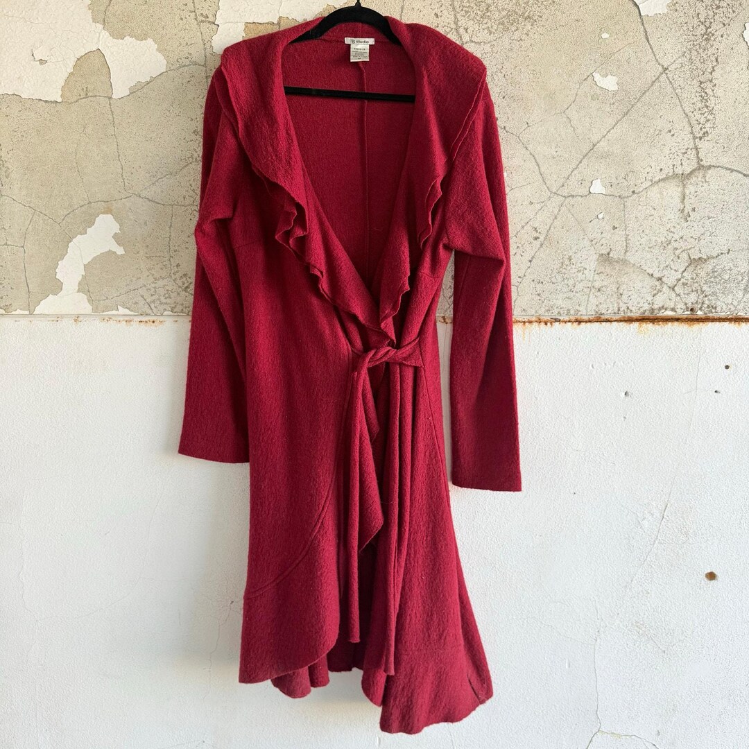 Boiled Wool Wrap Cardigan: Cranberry Red Ruffle Duster, Womens Medium ...
