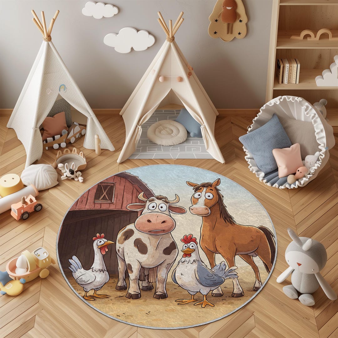 Cartoon Farm Animal Round Rug: Soft Kids Nursery Play Carpet - Etsy