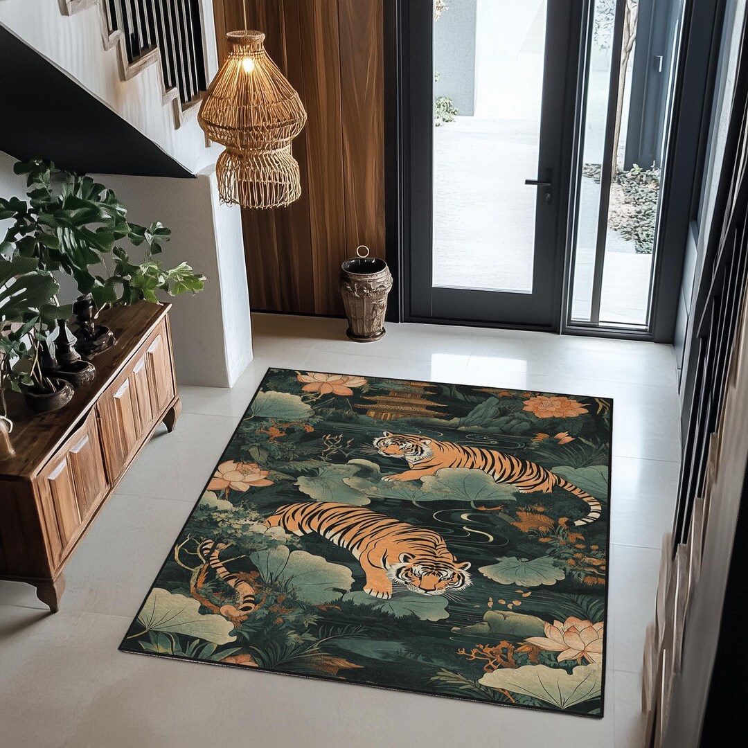 Tiger Jungle Rug: Velvet Oriental Nature Carpet, Non-slip Cotton - Etsy