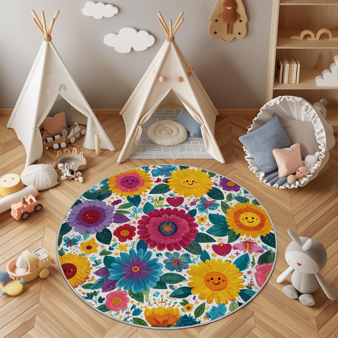 Colorful Smiling Flower Round Rug – Cheerful Kids Room Carpet With ...