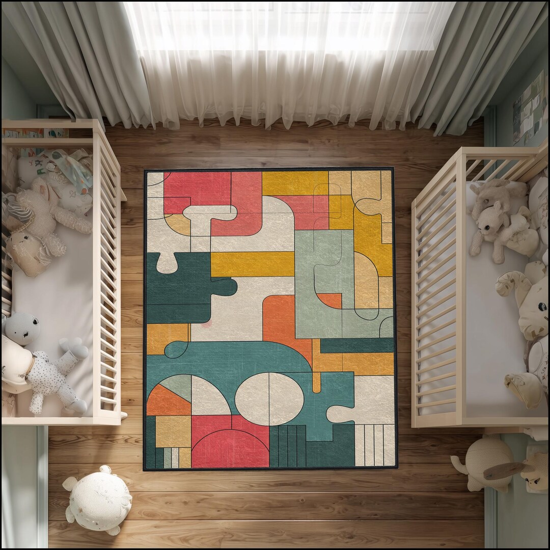 Mid-century Modern Geometric Rug: Abstract Color Block, Leather Base - Etsy