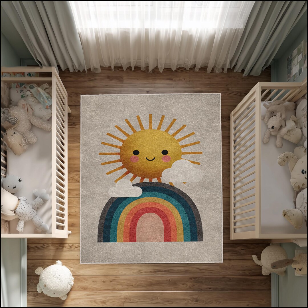 Smiling Sun and Rainbow Nursery Rug With Cheerful Modern Kids Design - Etsy