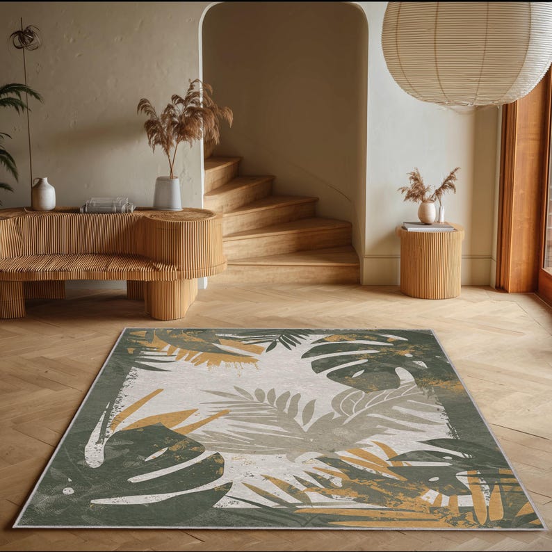 Monstera Leaf Area Rug, Botanical Green, Boho Decor, Washable - Etsy