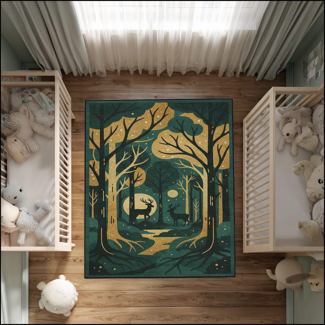 Green & Gold Forest Nursery Rug, Woodland Deer Area Rug - Etsy