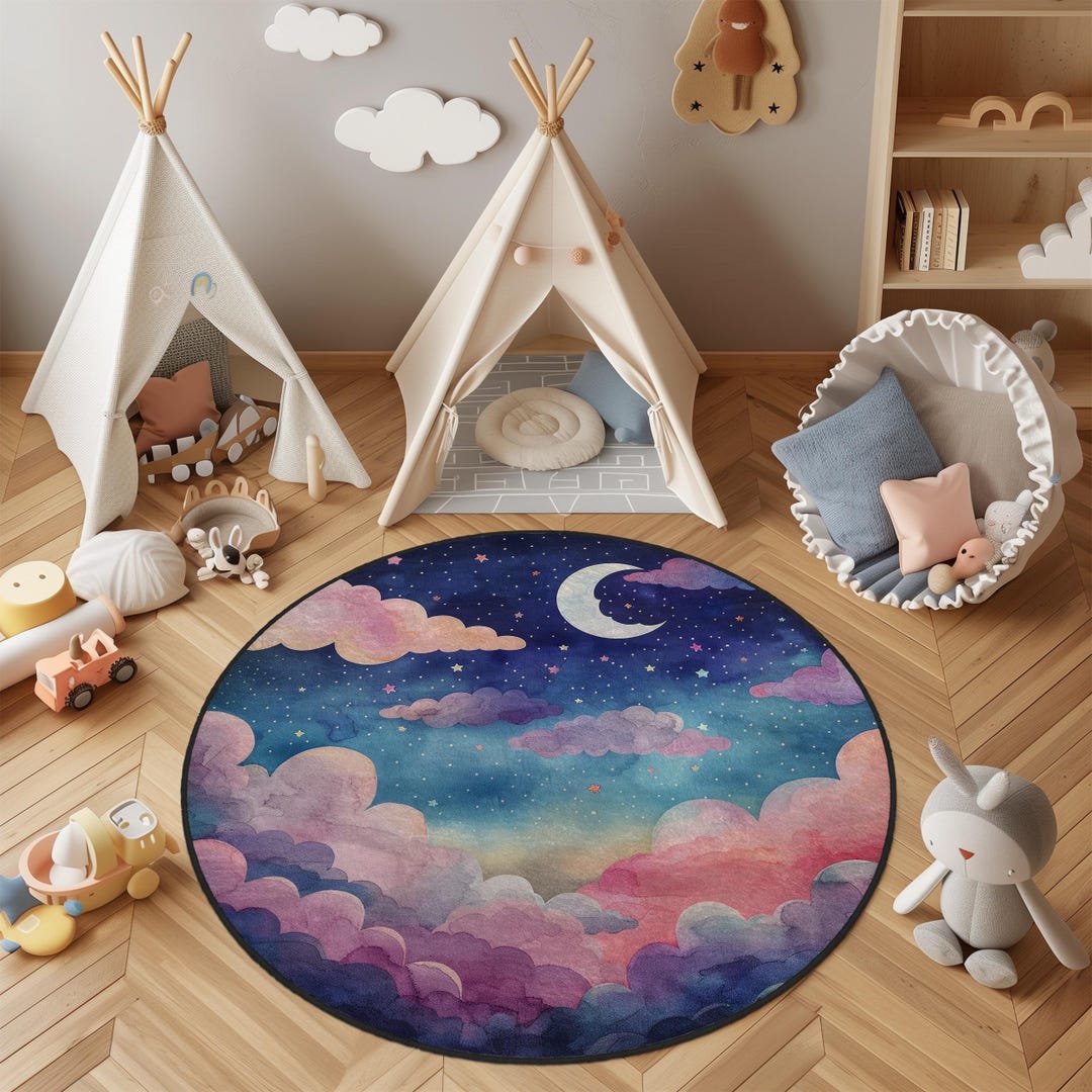 Watercolor Night Sky Round Rug for Kids Room, Starry Crescent Moon ...