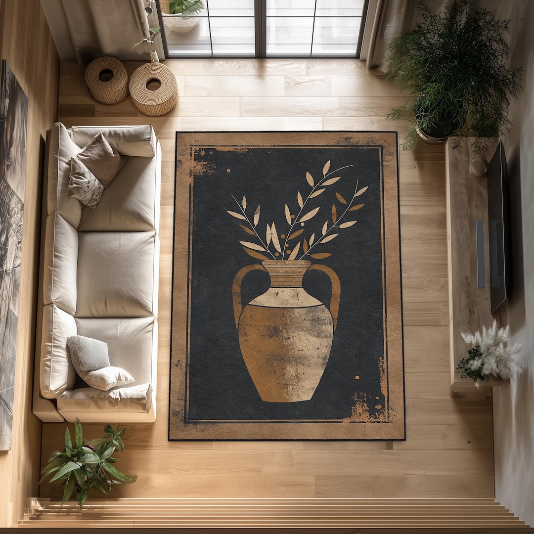 Dark Academia Area Rug: Black & Gold Vase Motif, Vintage Style - Etsy