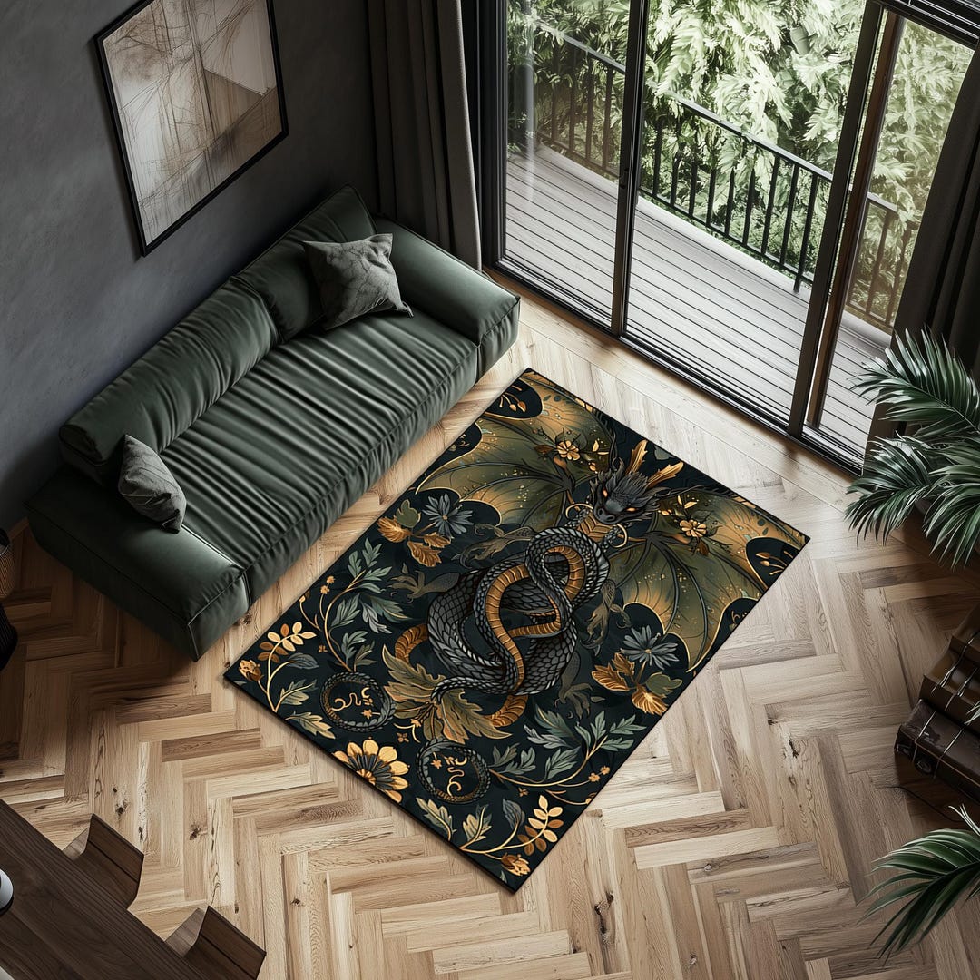 Gothic Dragon Rug – Medieval Fantasy Carpet With Regal Black & Gold ...
