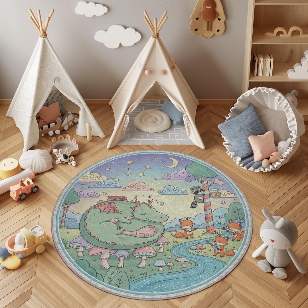 Whimsical Dragon Forest Round Rug With Fairytale Nursery Storybook ...