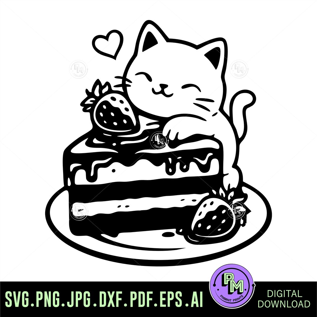 Cute Cat Cake SVG, Kawaii Kitty Dessert Clipart, Strawberry Cake Cat ...