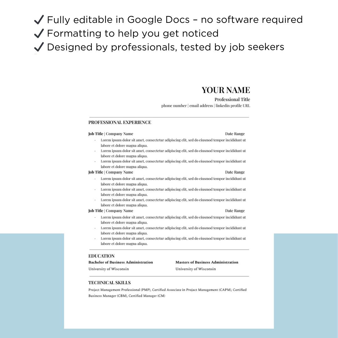 Classic Resume Template, Google Docs Compatible Resume Template ...