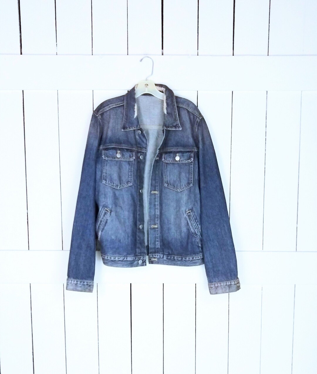 Vintage Distressed Blue Cotton Denim Jean Jacket/blk DNM Trucker Denim ...
