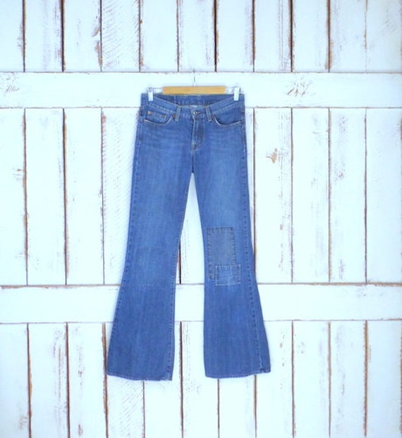 90s blue jean patchwork denim boot cut jeans - Gem