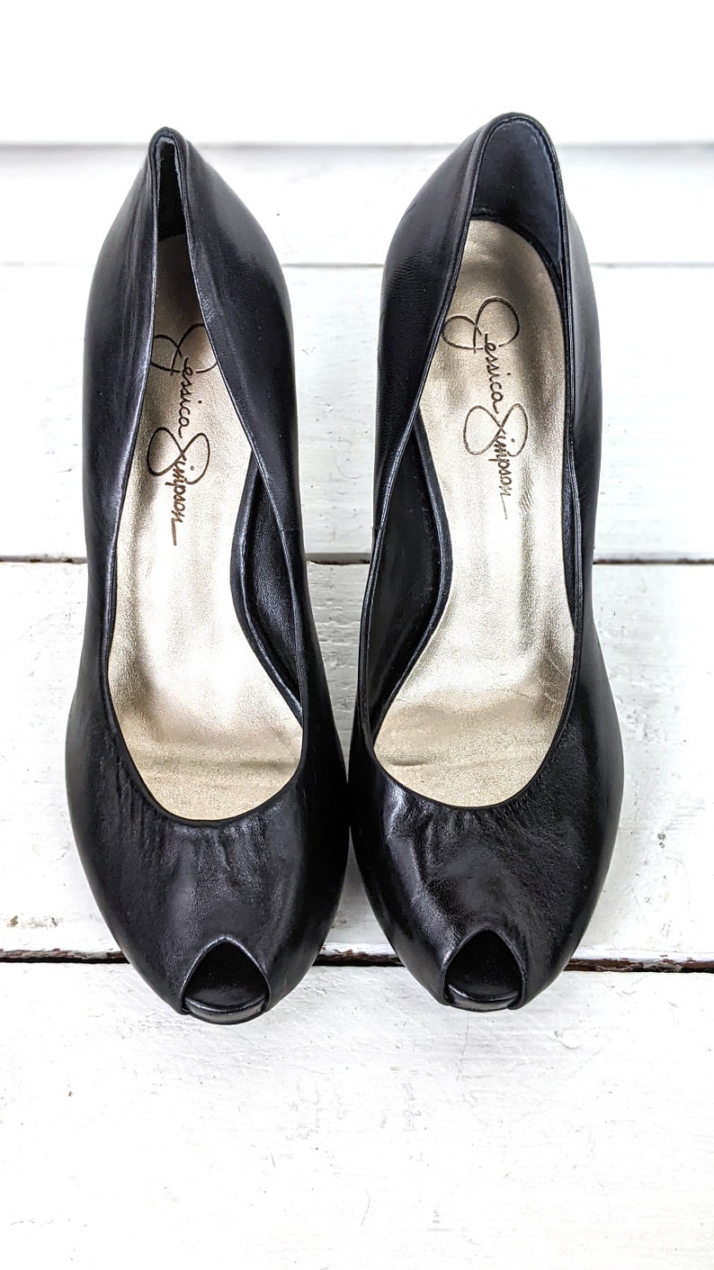 Jessica Simpson Black Leather High Heel Platform Peep Toe Stilettos ...