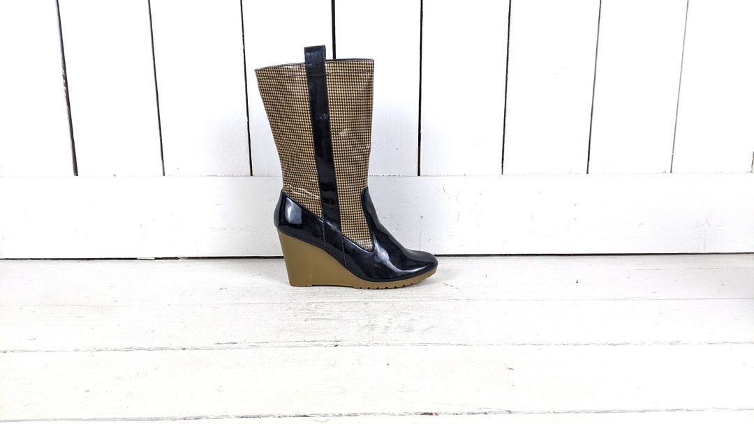 Tommy Hilfiger Houndstooth Blue Patent Tall Wedge Rain Boots 8 M - Etsy