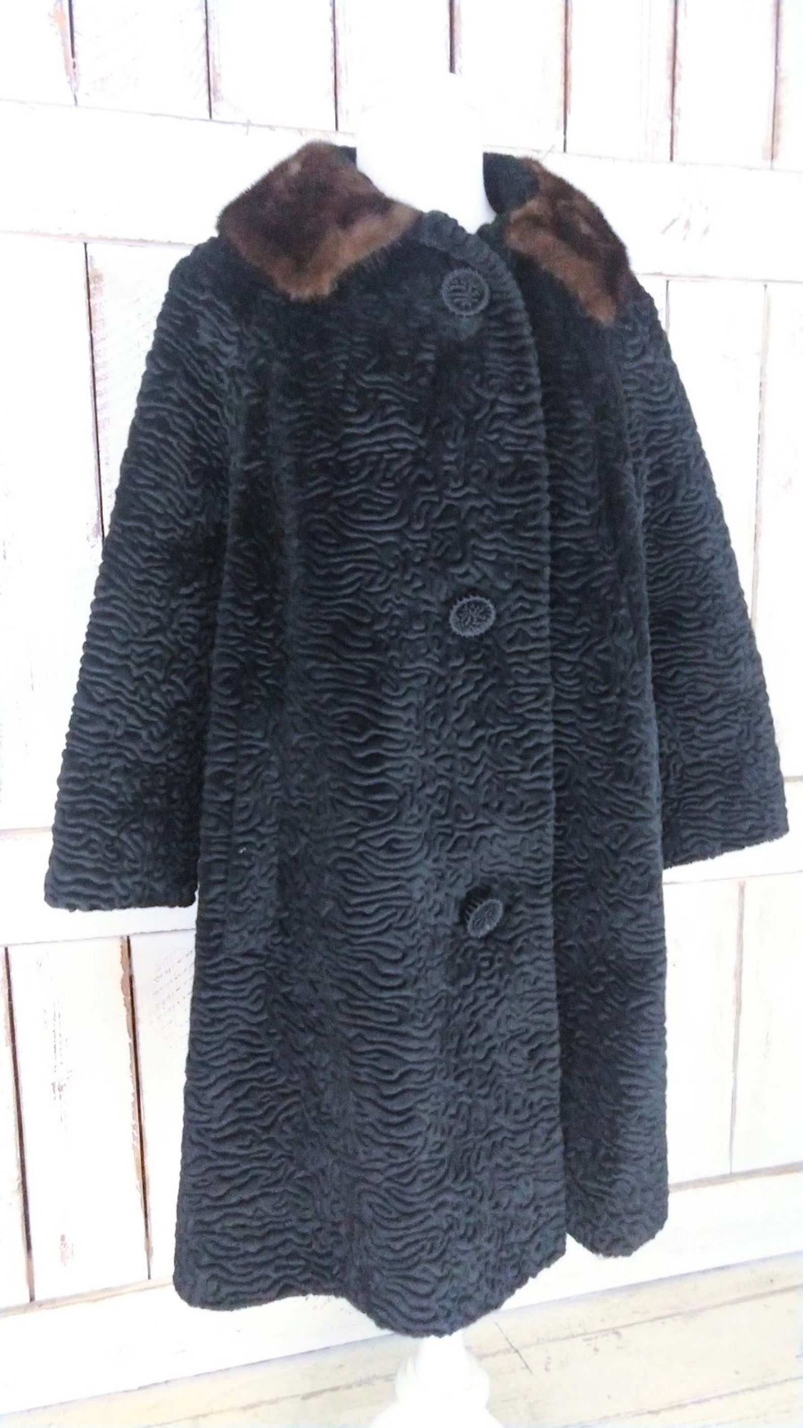 Vintage 60s Black Faux Persian Lamb Mink Fur Collar Coat/black - Etsy