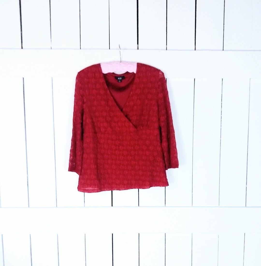 Vintage 90s Red Stretch Lace Vneck Fitted Top Blouse/red Sheer Lace ...