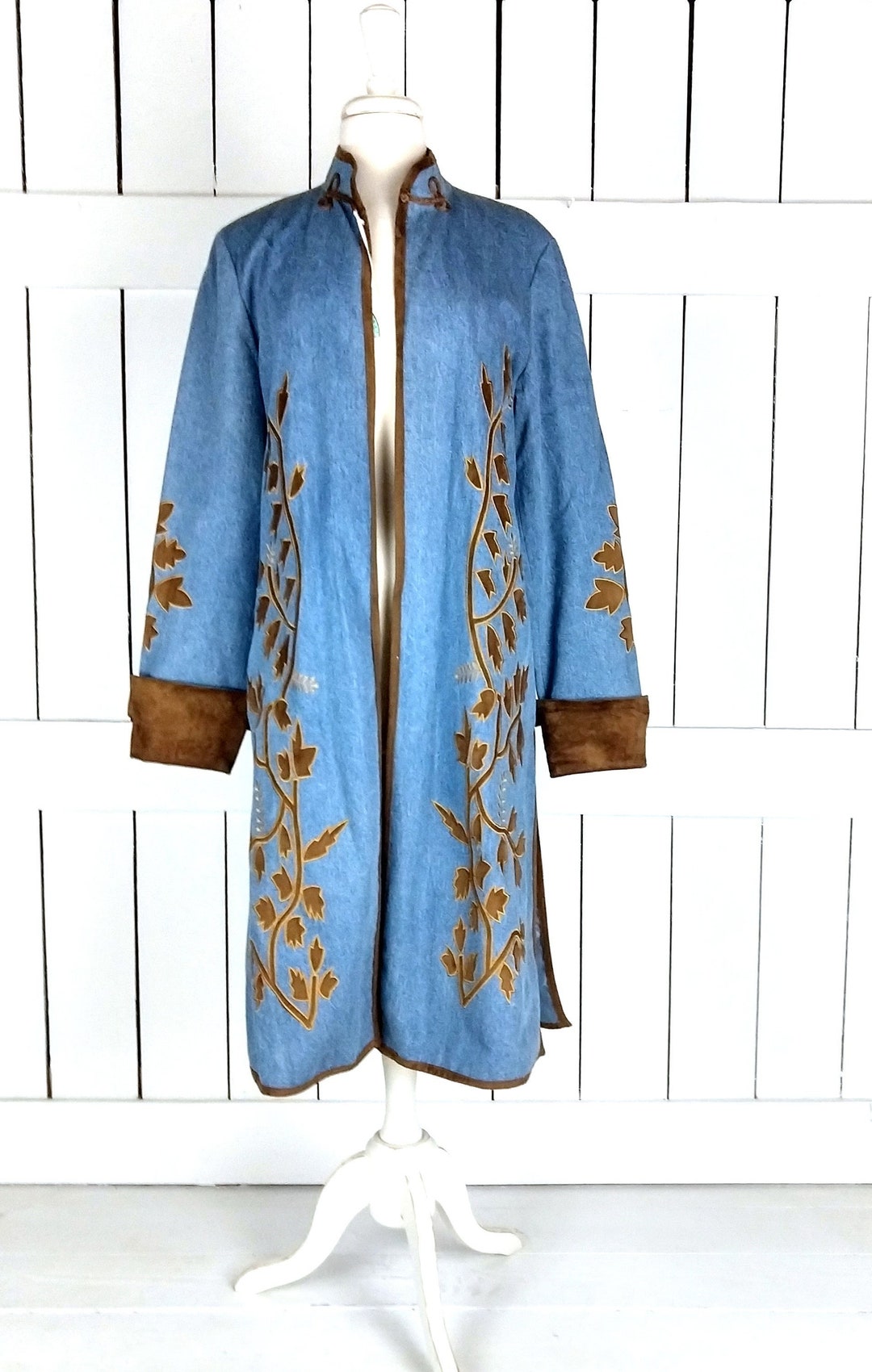 Isabellas Journey Blue Jean Denim Faux Suede Floral Long Coat Jacket S ...