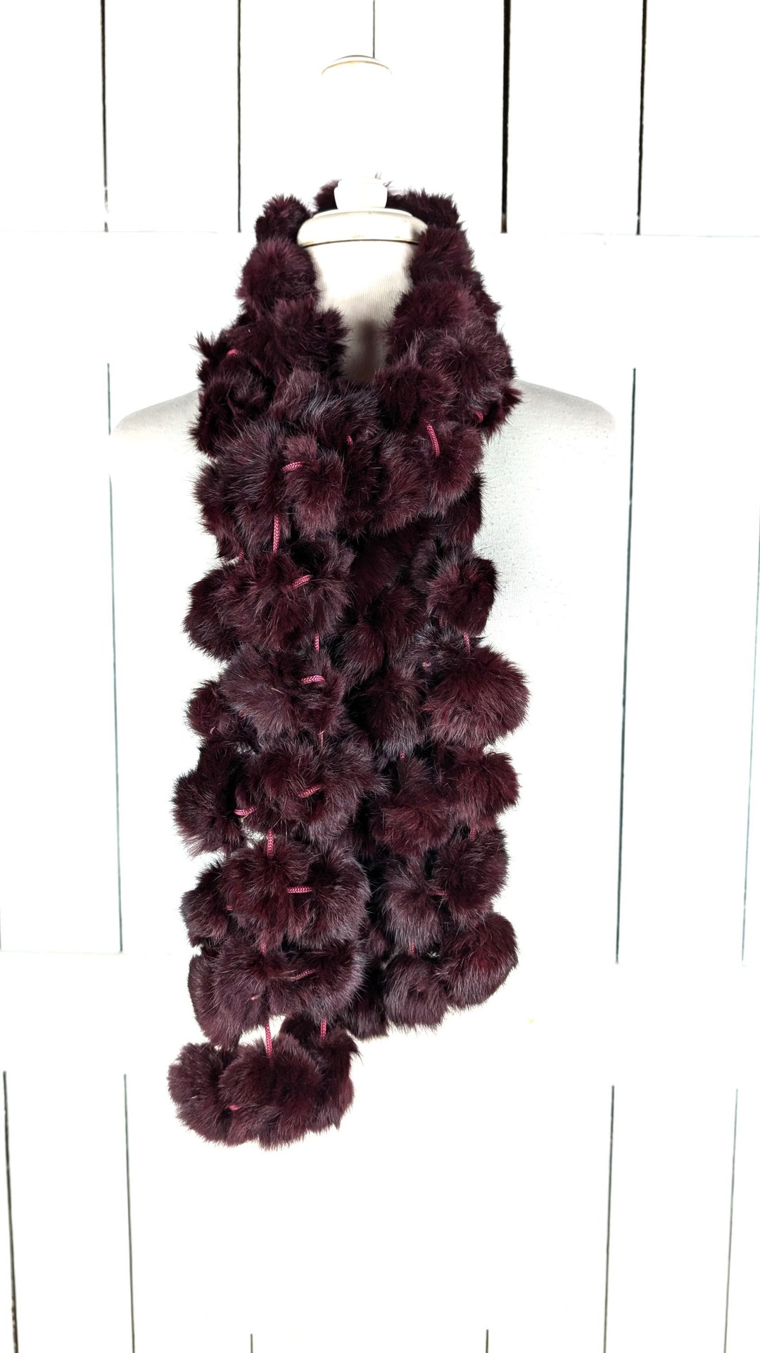 Vintage Burgundy Red Rabbit Fur Poof Ball Winter Scarf - Etsy