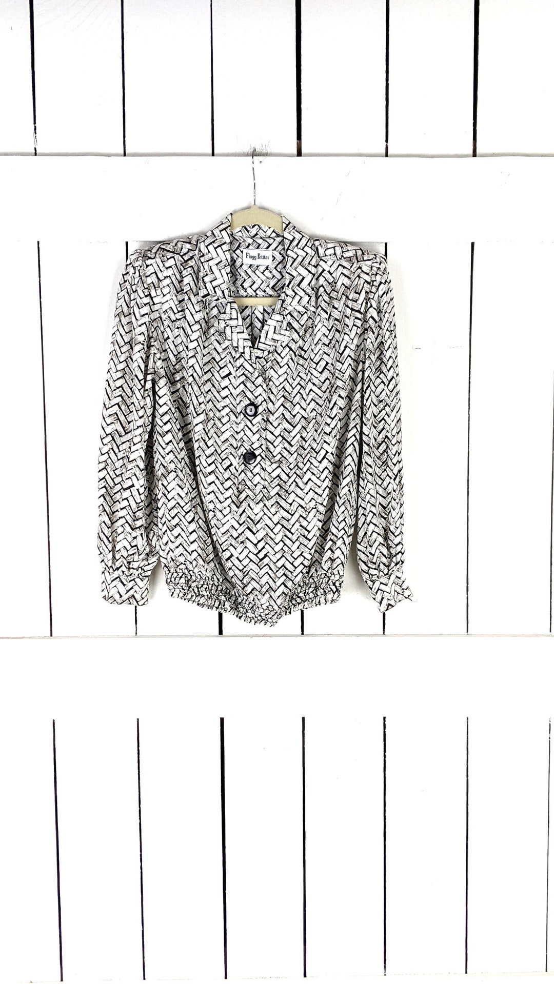 Vintage Black White Billowy Pullover Long Sleeve Stretch Waist Blouse ...