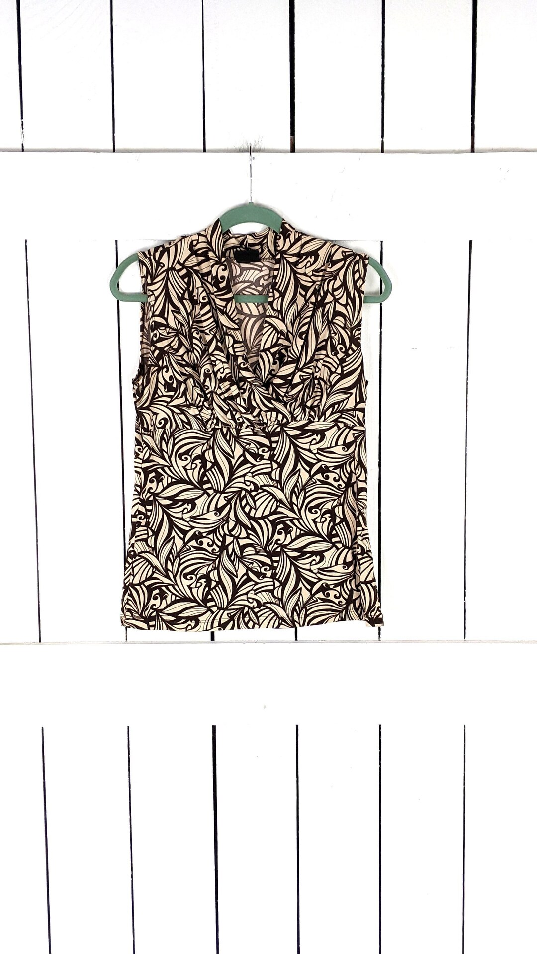 JKLA California Brown Beige Leaf Print Slinky Fitted Sleeveless Tank ...