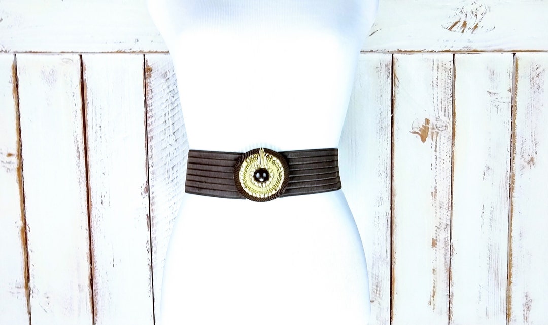 80s Brown Beaded Rhinestone Round Disc Buckle Wide Elastic Stretch Belt ...