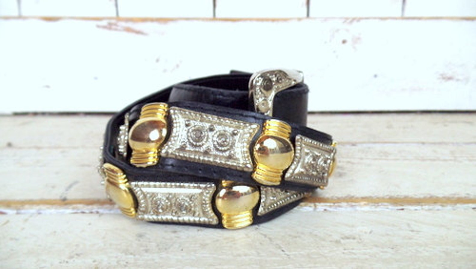 Vintage Silver/gold Metal Leather Country Western Belt/black - Etsy