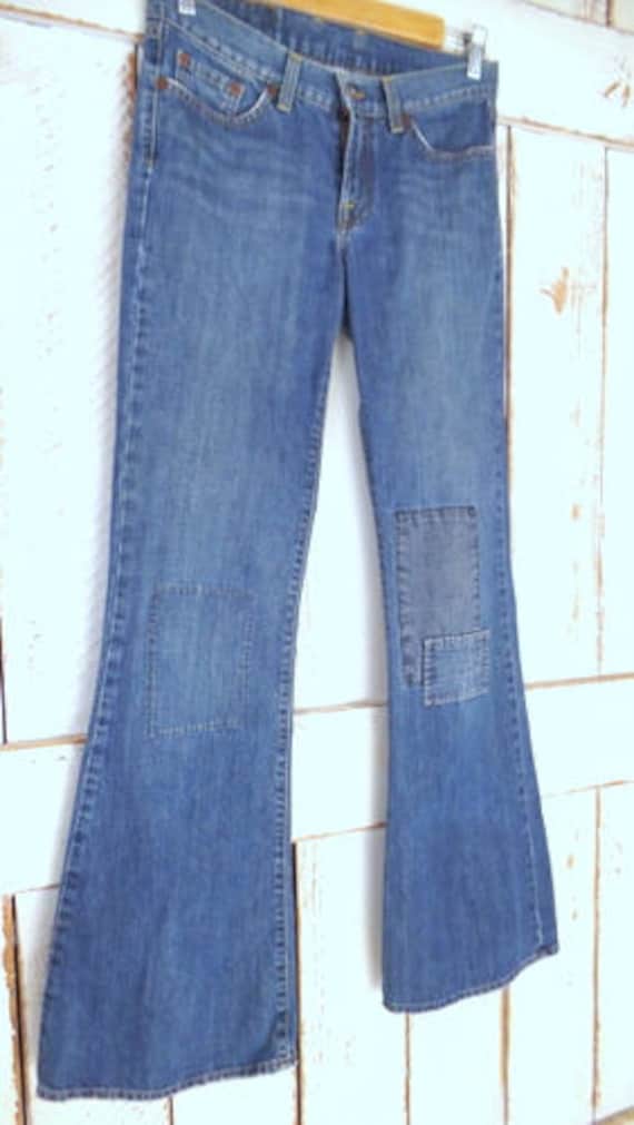 90s blue jean patchwork denim boot cut jeans - Gem