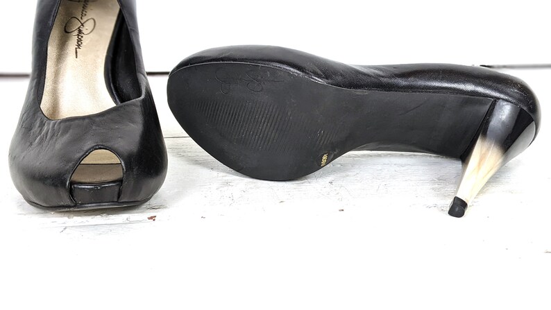 Jessica Simpson Black Leather High Heel Platform Peep Toe Stilettos ...