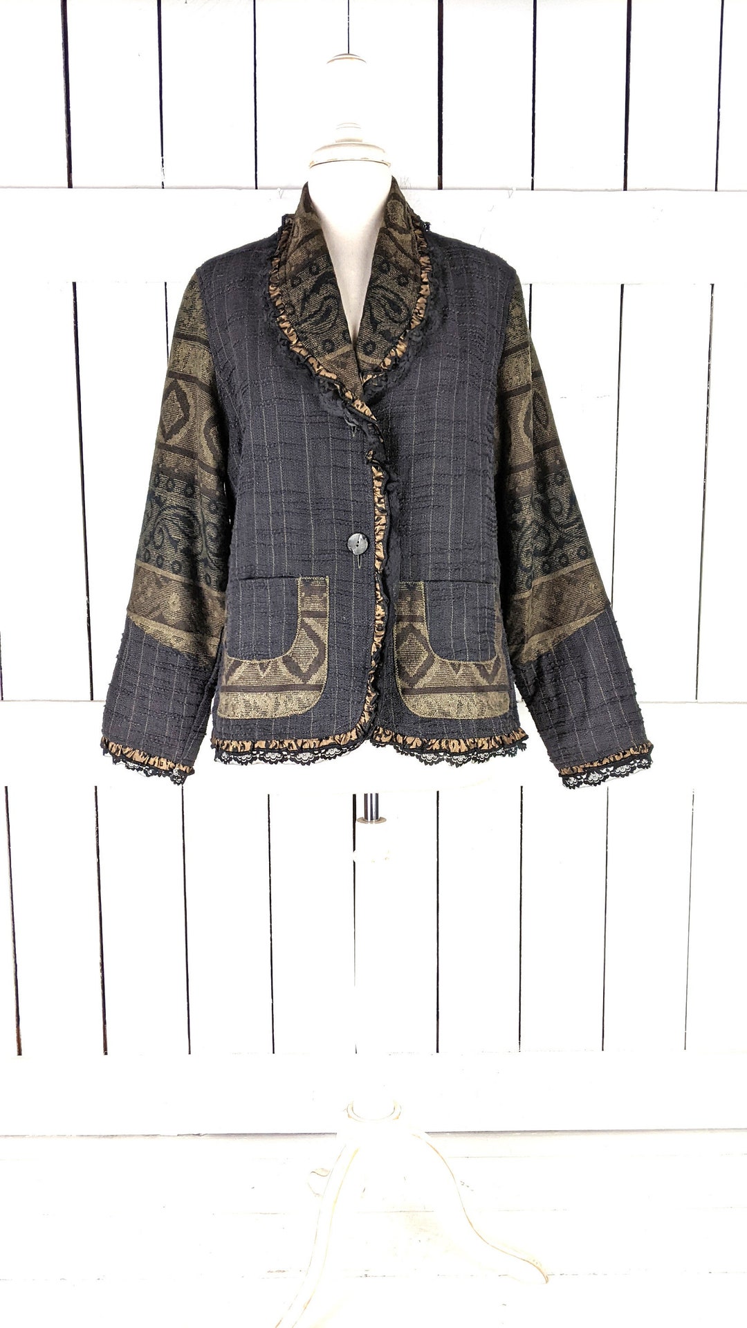Yak Magik Tribal Striped Boucle Lace Patchwork Blazer Nepal Jacket XL ...