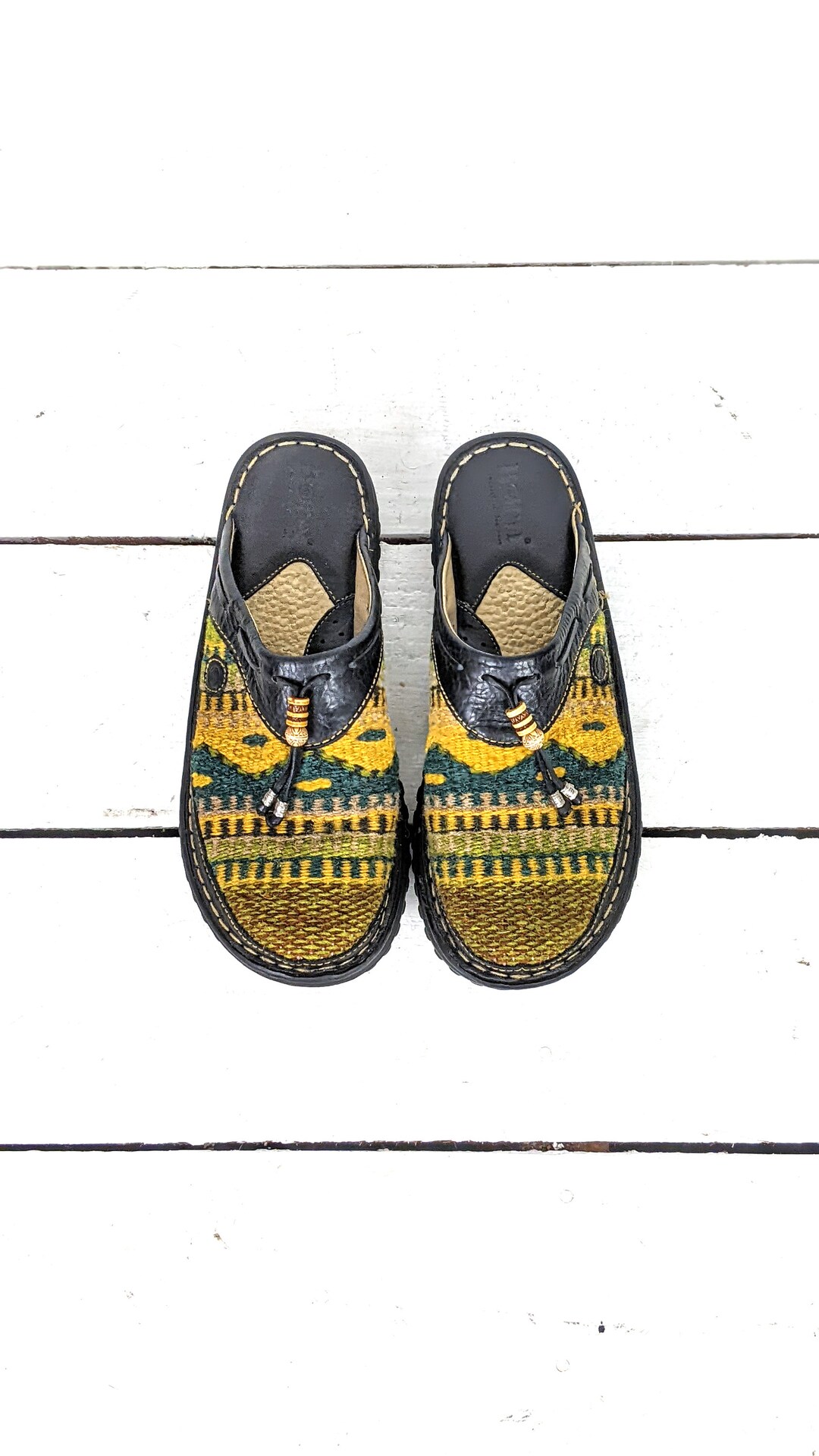 Born Woven Yellow Wool Indian Blanket Black Leather Aztec Print Mule ...