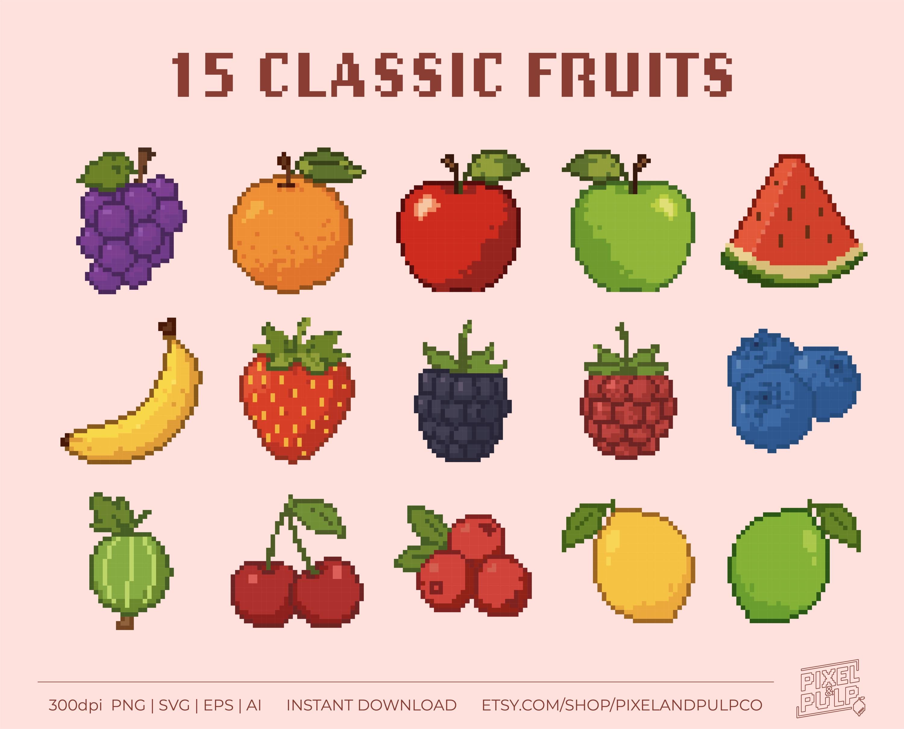 25 Juicy Pixel Fruit Clipart Icons – Retro Fruit Vector Pack | Png Svg ...