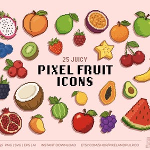 25 Juicy Pixel Fruit Clipart Icons – Retro Fruit Vector Pack | Png Svg ...