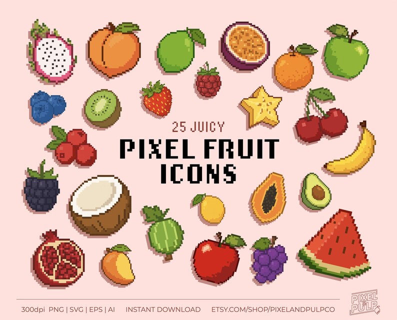 25 Juicy Pixel Fruit Clipart Icons – Retro Fruit Vector Pack | Png Svg ...