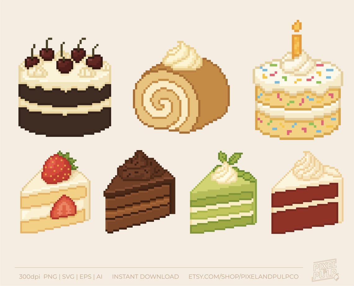 7 Sweet Pixel Cake Icons – Cute Dessert Clipart, Digital Bakery ...