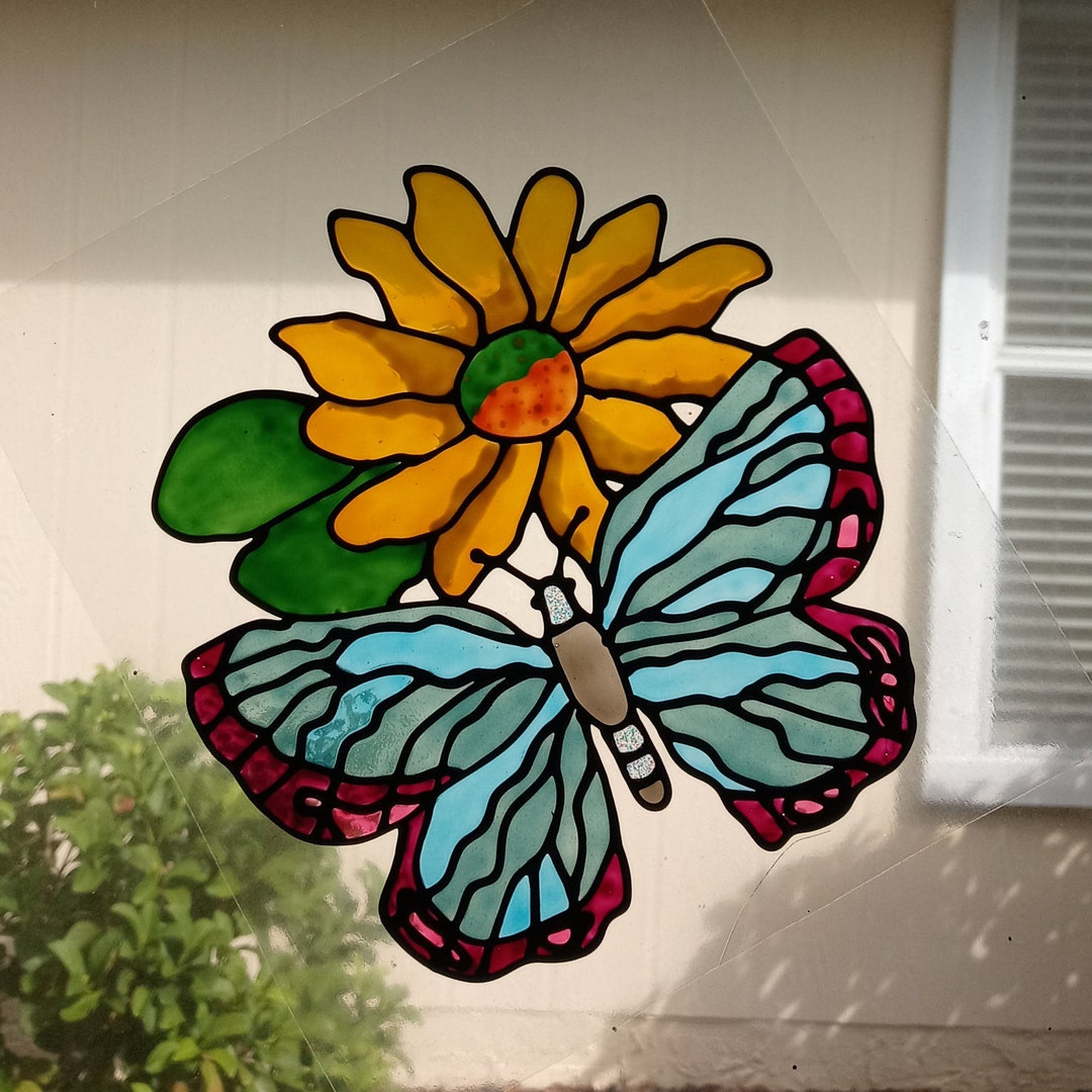 Sunflower and Blue Butterfly Window Cling - Etsy