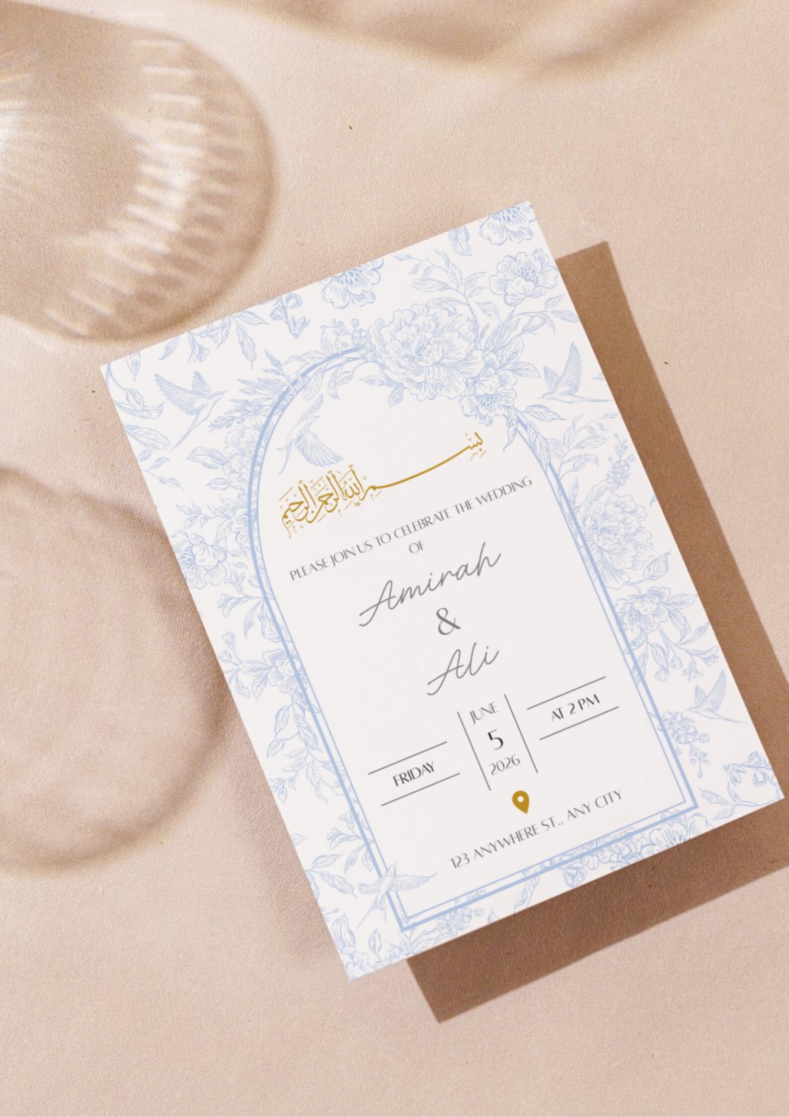 Blue Floral Nikah Invitation | Gold Bismillah Muslim Wedding Card ...
