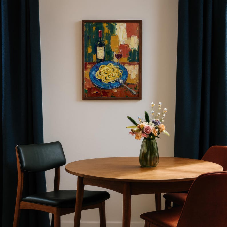 Pasta & Red Wine Still Life Print, Impasto Oil Painting Style, Rustic ...