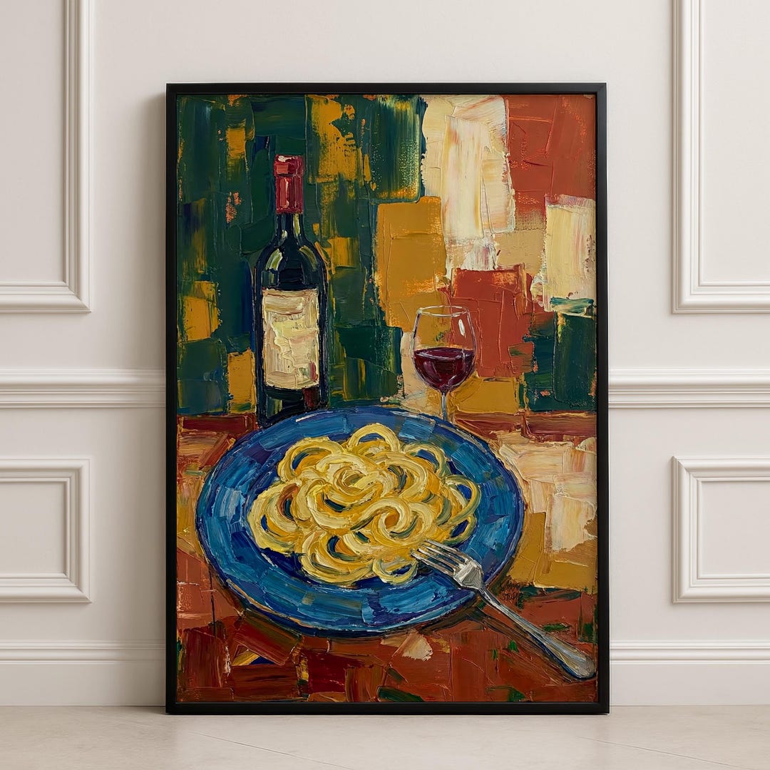 Pasta & Red Wine Still Life Print, Impasto Oil Painting Style, Rustic ...