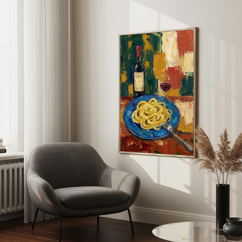 Pasta & Red Wine Still Life Print, Impasto Oil Painting Style, Rustic ...