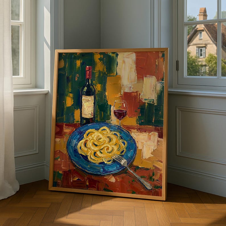 Pasta & Red Wine Still Life Print, Impasto Oil Painting Style, Rustic ...