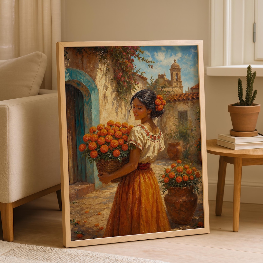 Mexican Floral Art PRINT, Marigold Portrait Painting, Colorful Latina ...