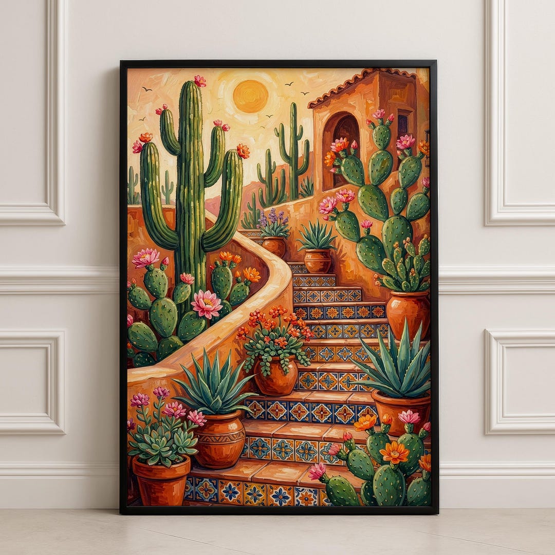 Blooming Cactus Wall Art | Mexican Desert Garden Saguaro Prickly Pear ...
